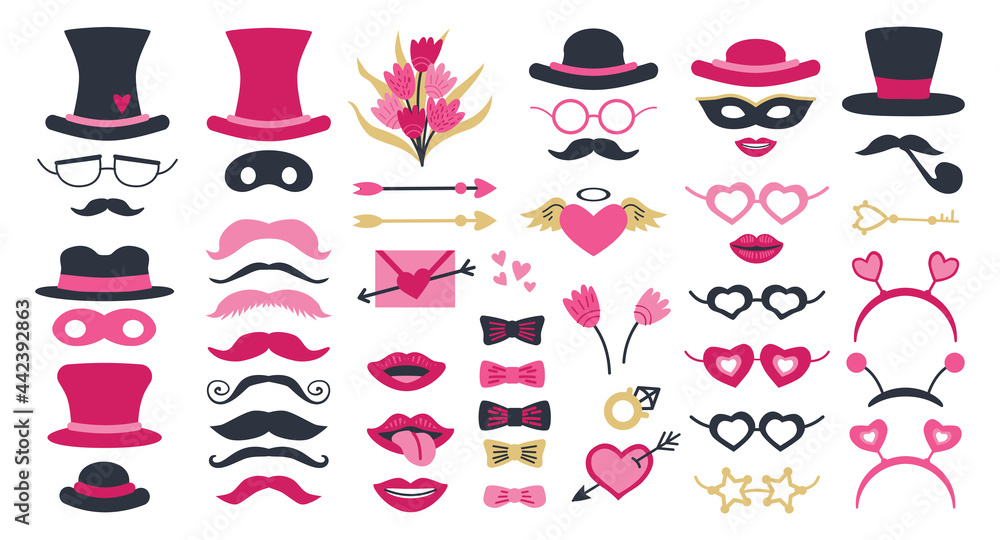 Cute Valentine Day photo booth props as set of party graphic elements ...