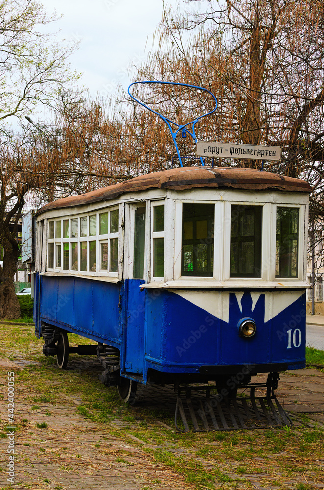 Chernivtsi, Ukraine-May 13, 2021:Monument to the first tram in ...