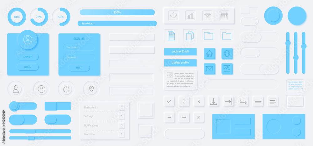Neumorphism style elements vector set. Modern website or mobile app design bundle. Minimal style ...