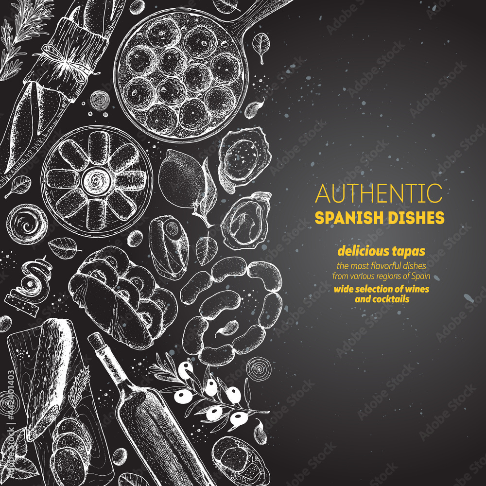 Spanish cuisine top view frame. A set of spanish dishes with albondigas ...