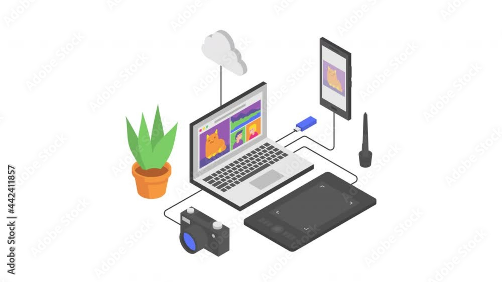 Laptop smartphone graphic tablet camera flash drive cloud flower ...