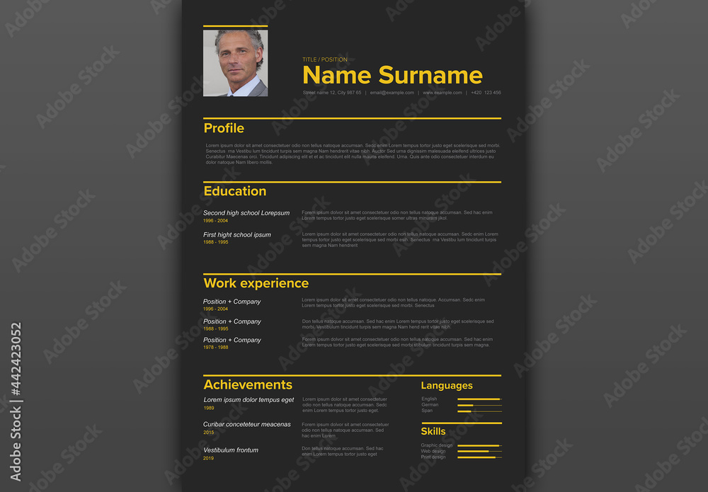 Minimalist Dark Resume CV Layout with Photo and Yellow Accent Stock ...