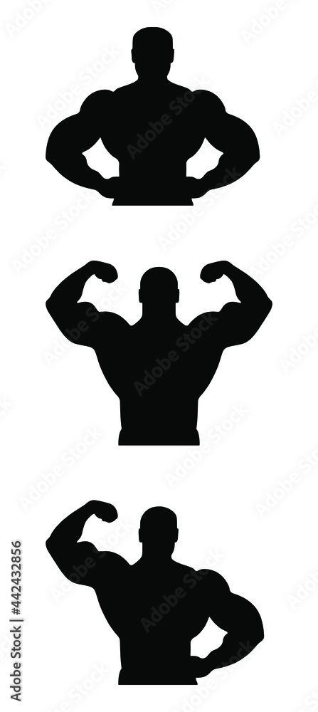 Muscular bodybuilder vector silhouette illustration isolated on white background. Sport man ...