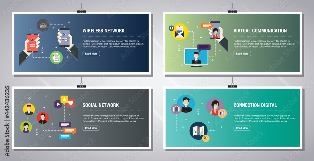Web banners template in vector with icons of wireless network, virtual ...