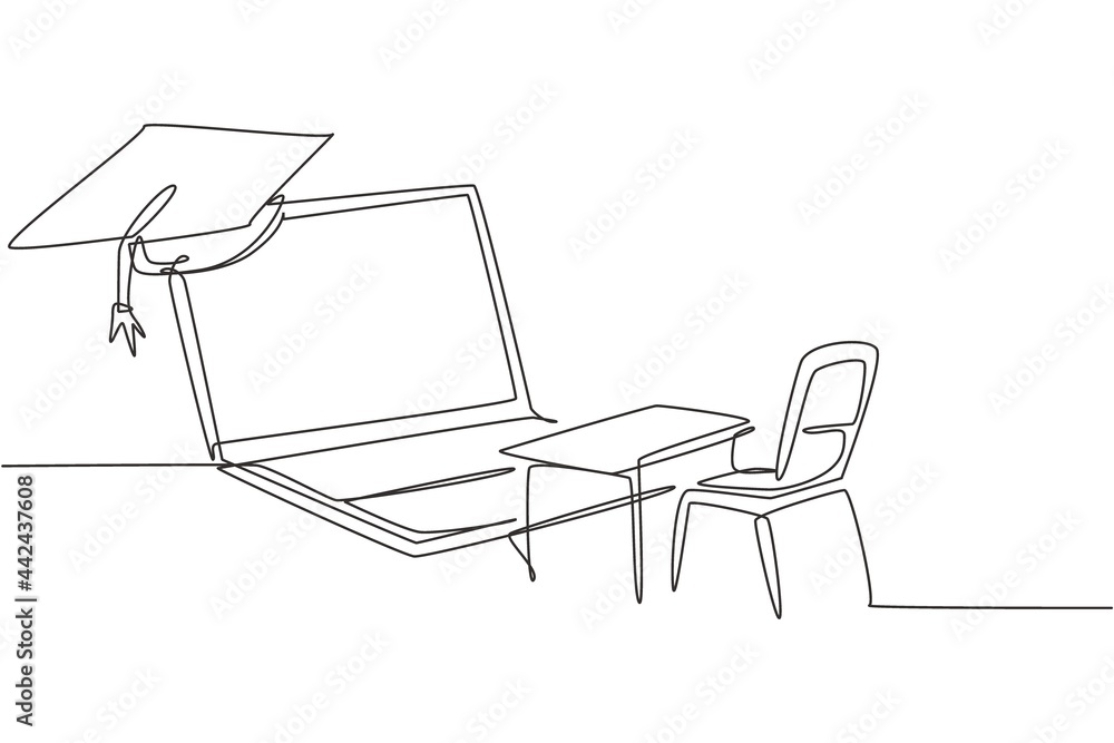 Single continuous line drawing empty study chairs and desks facing ...