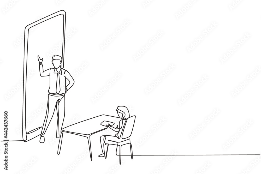 Single one line drawing male teacher standing in front of smartphone ...