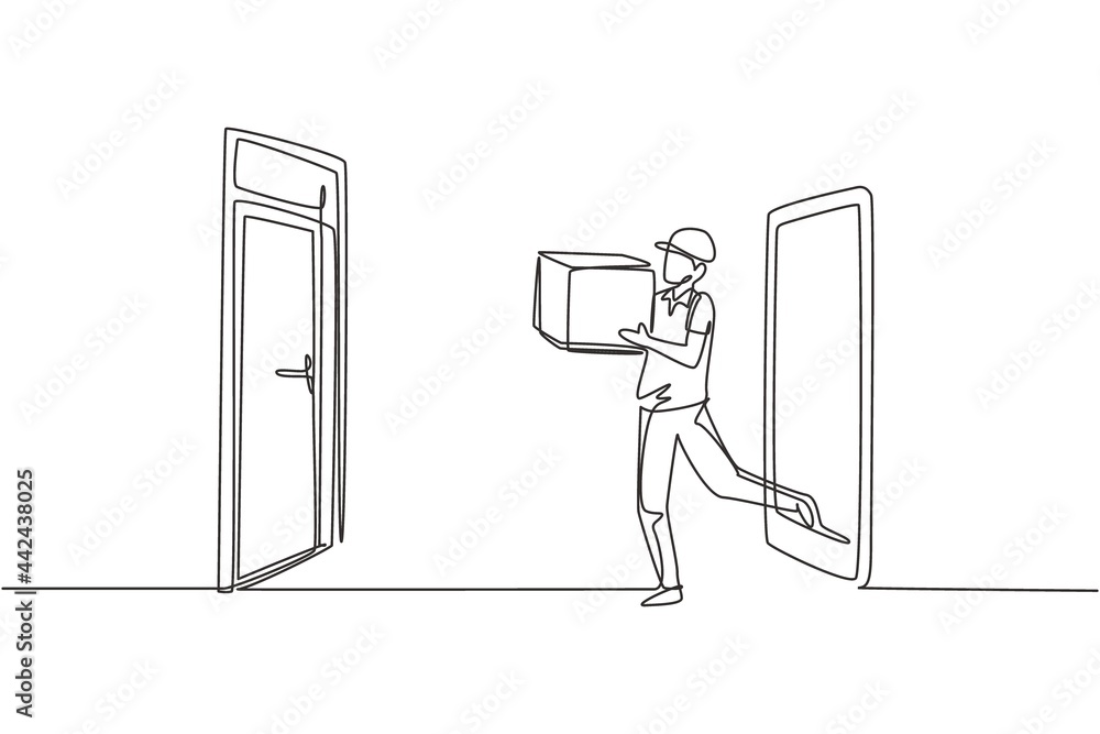 Single continuous line drawing male courier comes out of the smartphone ...
