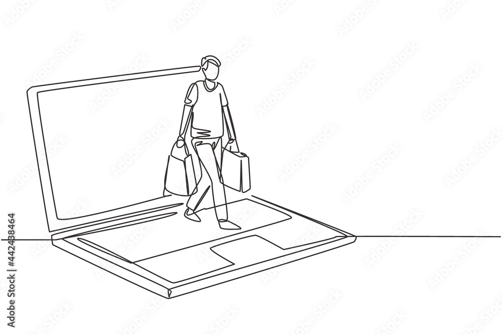 Single continuous line drawing young man coming out of laptop screen ...
