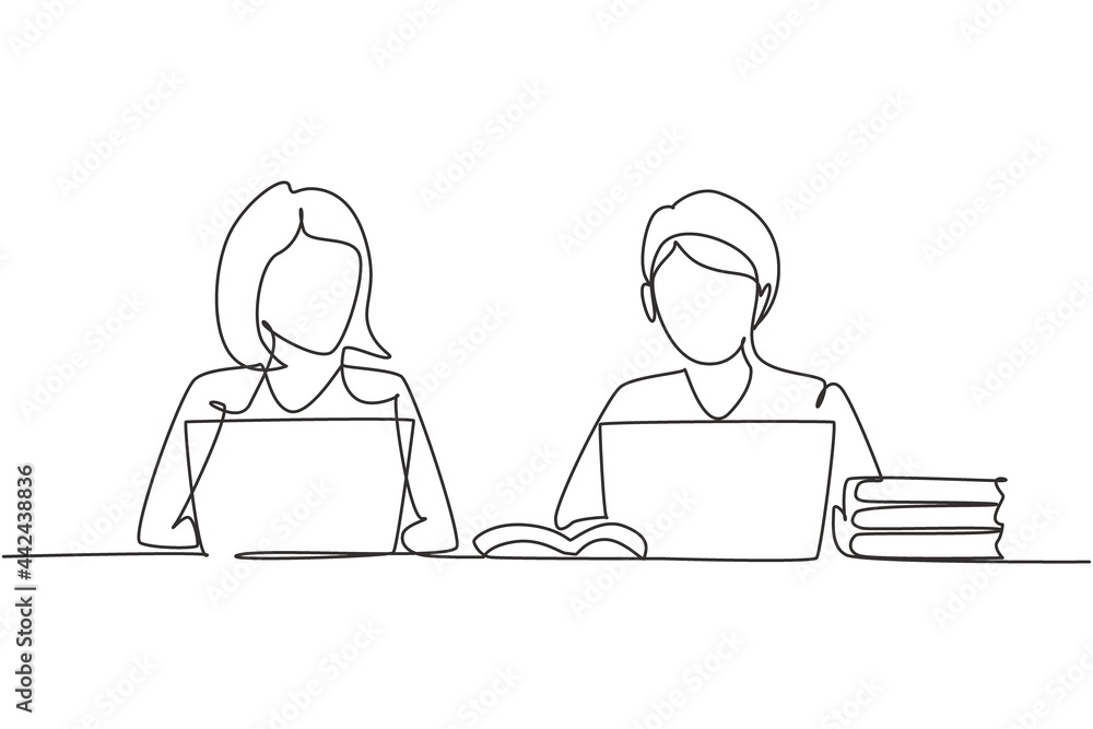 Continuous one line drawing two young woman studying with laptop and ...