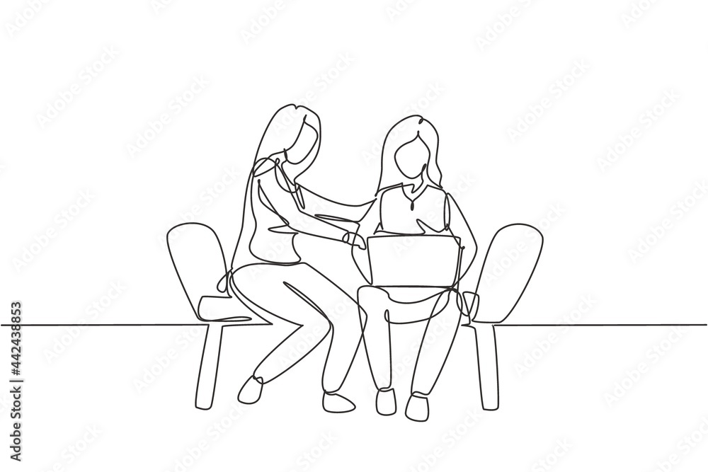 Continuous one line drawing two female with laptop sitting on the ...