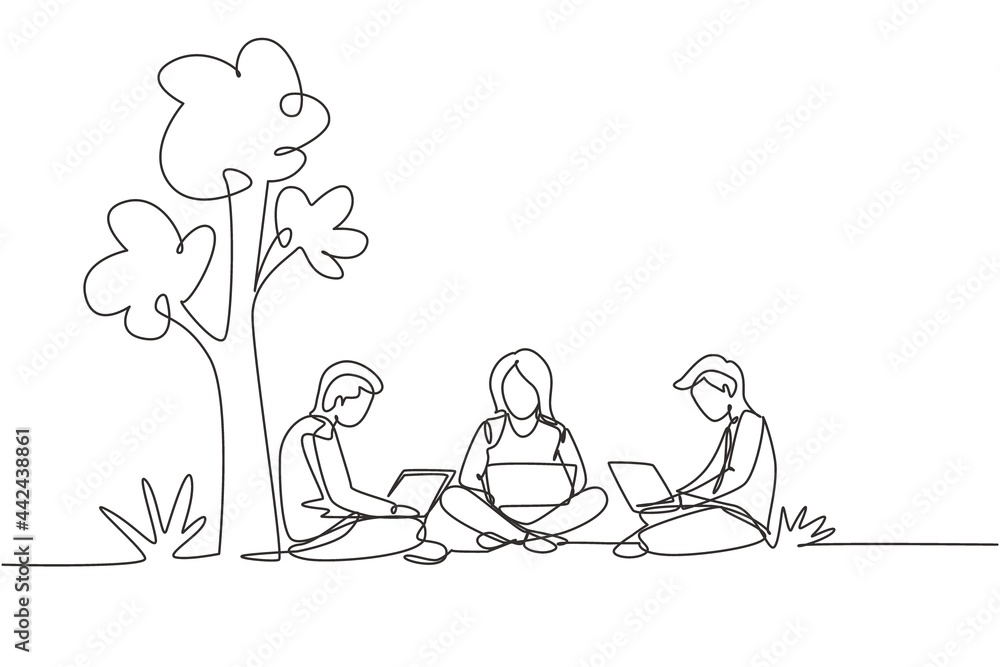 Single one line drawing three students studying with laptop and sitting ...