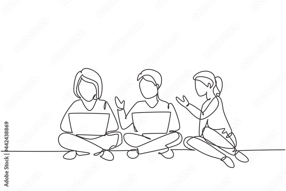 Single continuous line drawing three students studying with laptop and ...