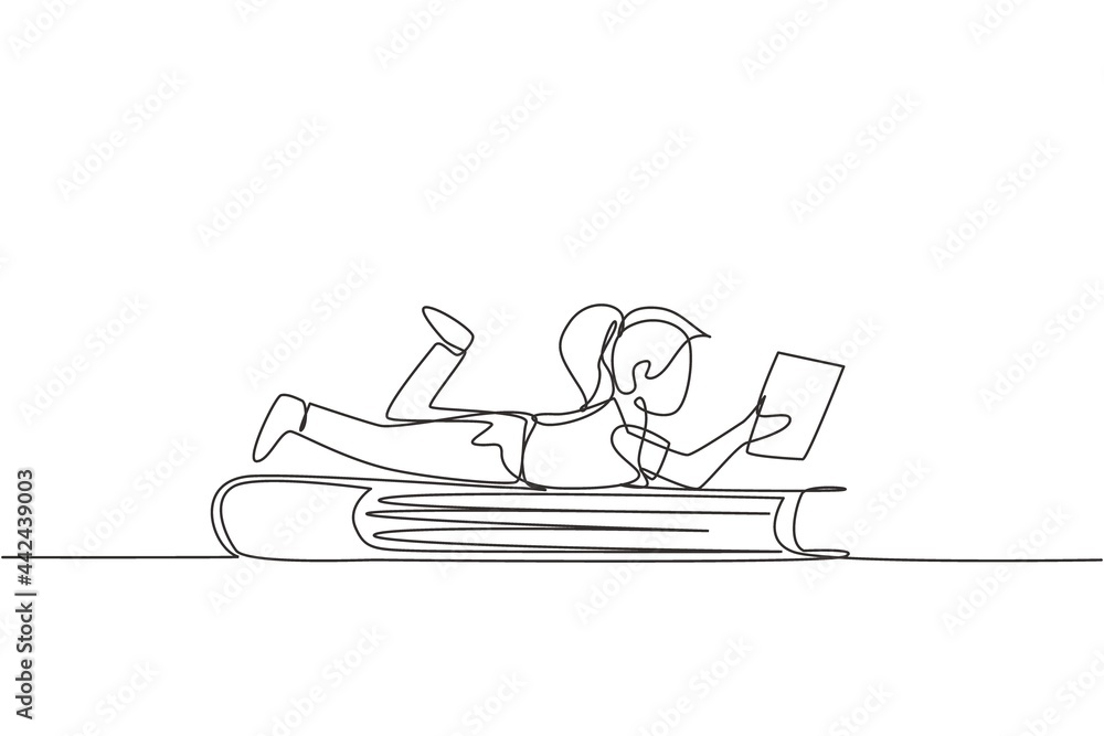 Continuous one line drawing little girl reading, learning and laying ...
