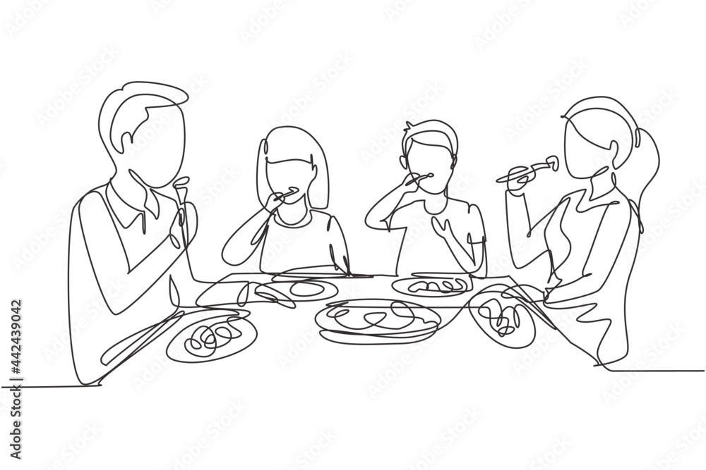 Single continuous line drawing family eating meal around kitchen table ...