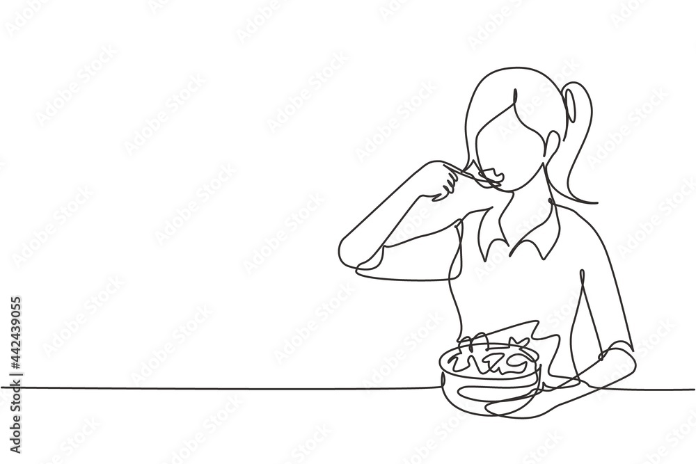 Continuous one line drawing young girl having salad meal with spoon and ...