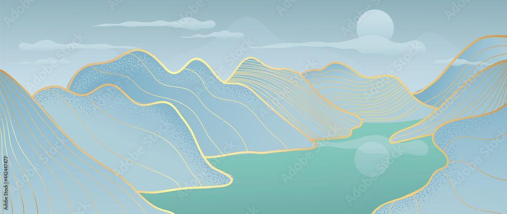 Mountain and sun golden line arts background vector. Oriental Luxury ...