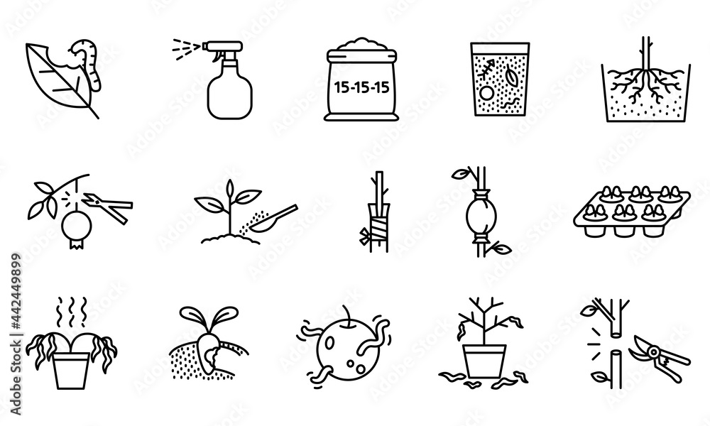 Collection of agricultural icons. Plant propagation symbols and ...