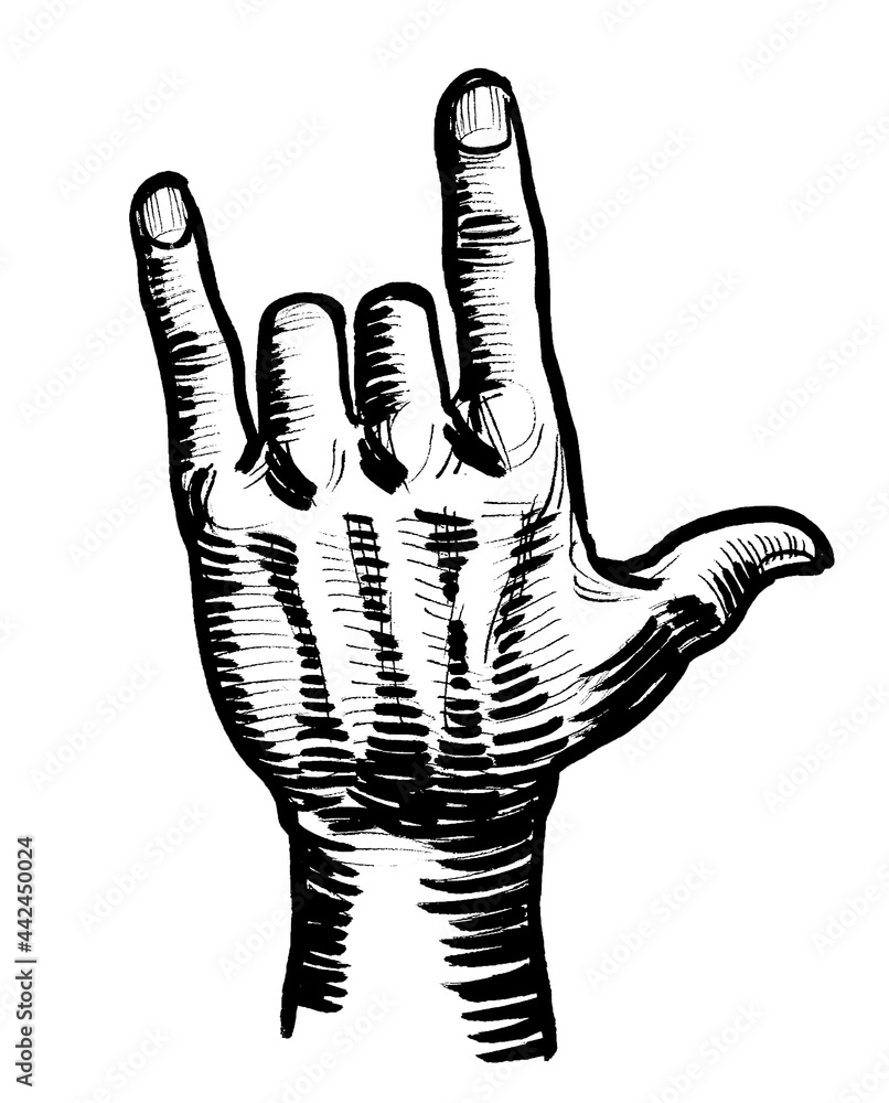 Hand showing heavy metal gesture. Ink black and white drawing Stock ...