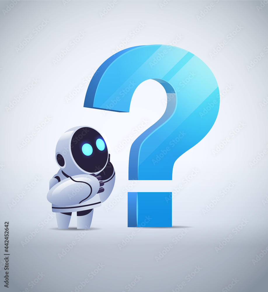 frustrated robot cyborg standing near question mark help support ...