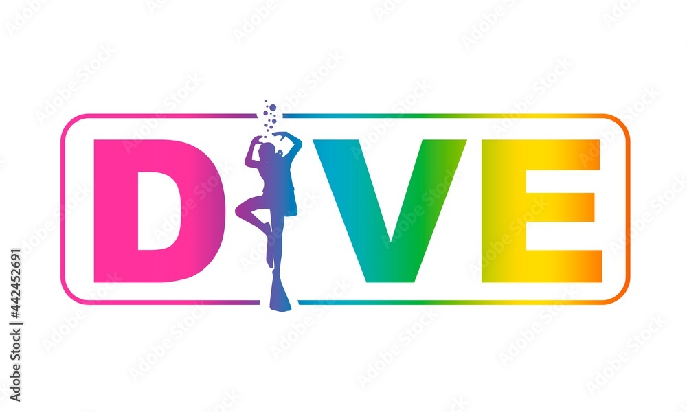 Dive word with silhouette of diver and bubbles. Stock Vector | Adobe Stock