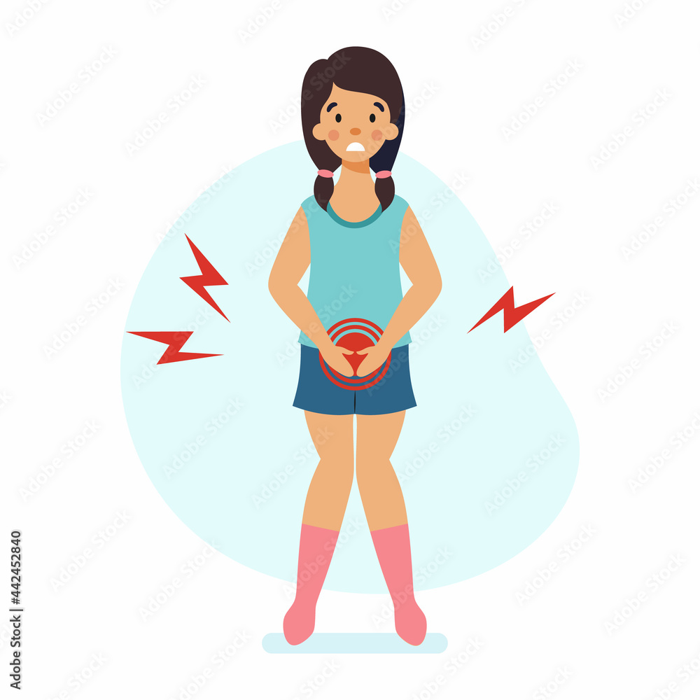 Sad girl has cystitis. Pain in lower abdomen of child. Bladder disease ...