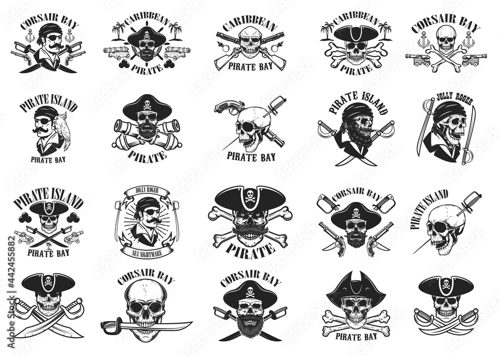 Big set of pirate emblems. Corsair, buccaneer. Design elements for logo ...