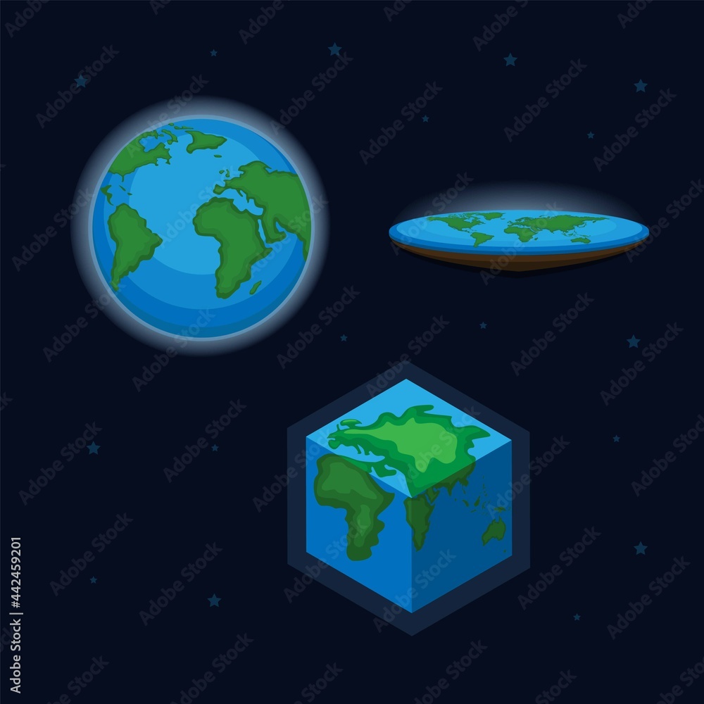 Earth round, flat and cubic shape symbol icon set illustration vector ...