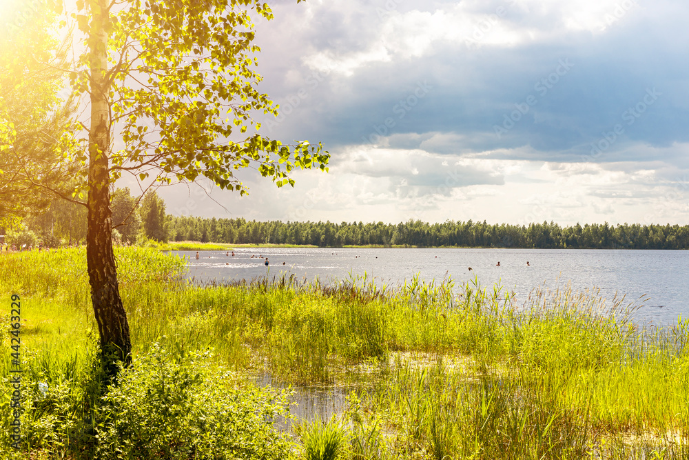 Beautiful nature landscape with sun light and rainy clouds. Scenery ...