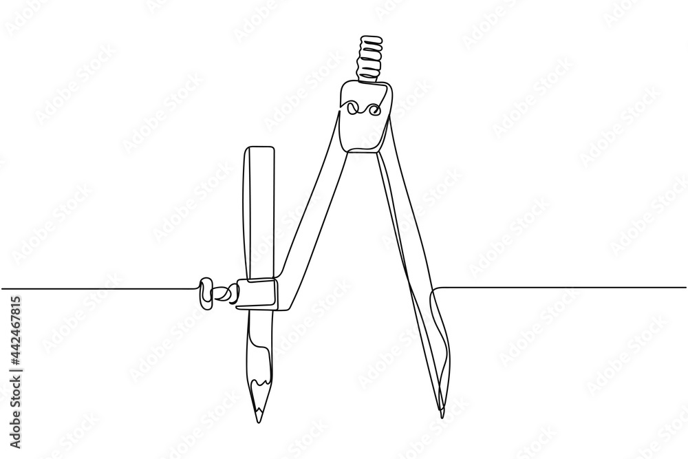 Continuous one line of drawing compass in silhouette on a white ...