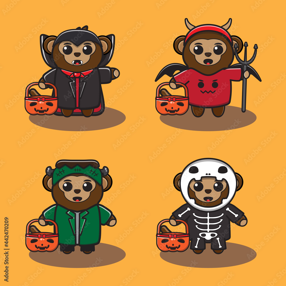 Vector illustration of cute Monkey Halloween cartoon. Dracula, Devil ...
