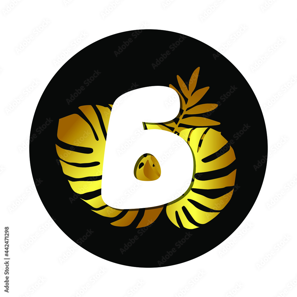 Vector numbers with gold tropical leaves. Silhouette botanical numbers ...
