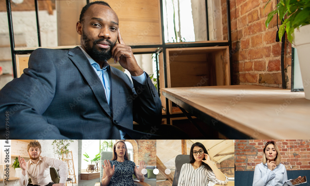 Speaker. Team working by group video call share ideas brainstorming use ...