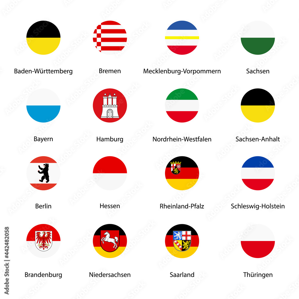Emblems, flags of german federal lands,state isolated with names text ...