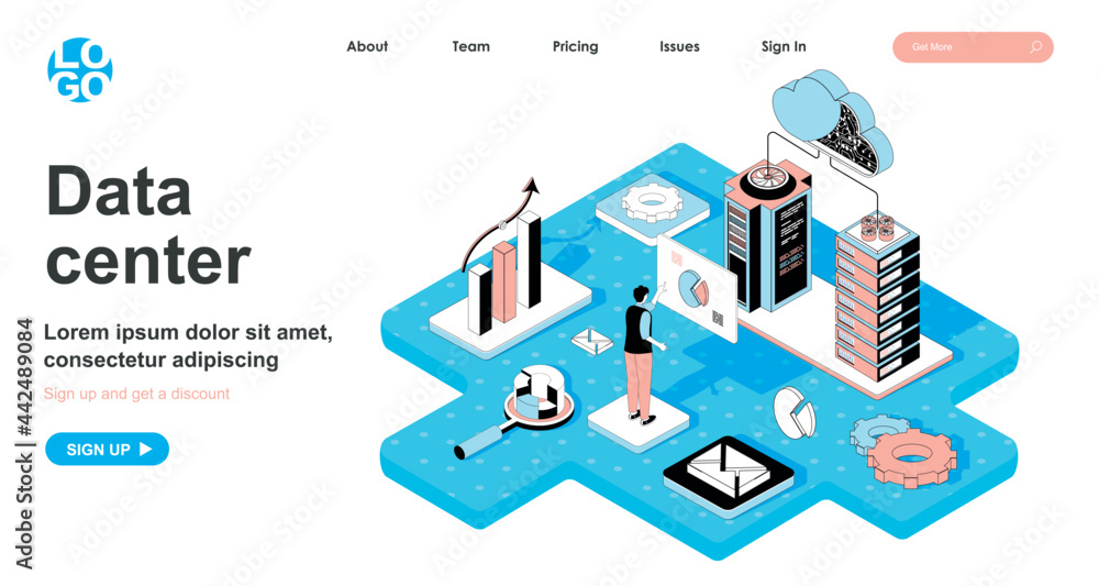 Data center isometric concept. Cloud storage and computing technology ...