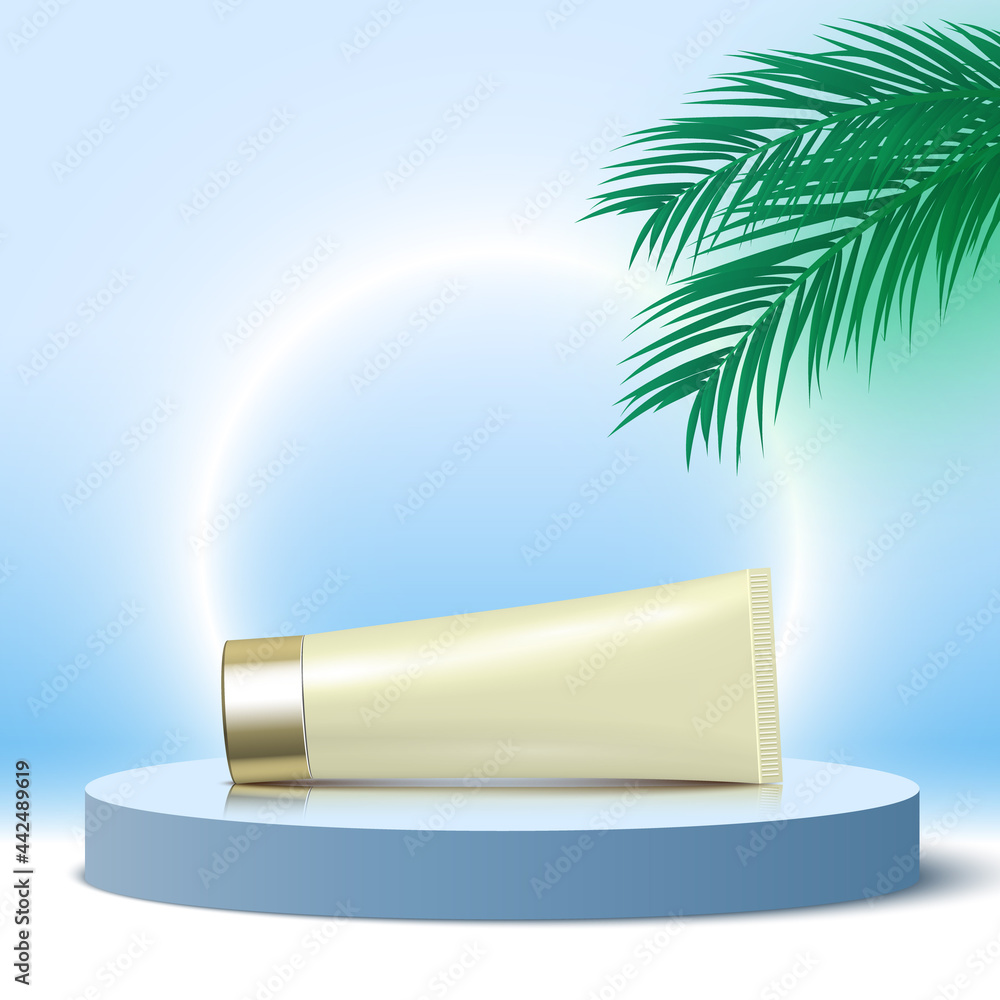 Tube of cream on round blue podium. Cosmetic products display platform ...