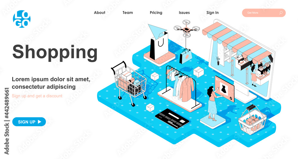 Shopping isometric concept. Woman buys clothes in store sale. Customer ...