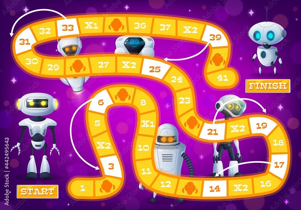 Kids board game with cartoon robots and droids, androids and cyborg ...