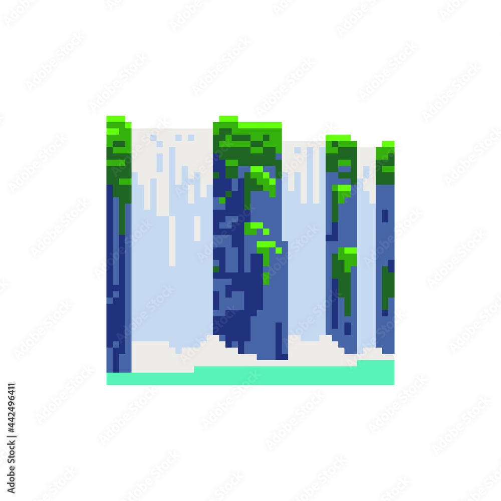Waterfall tropical landscape pixel art icon. Beautiful nature. Isolated ...