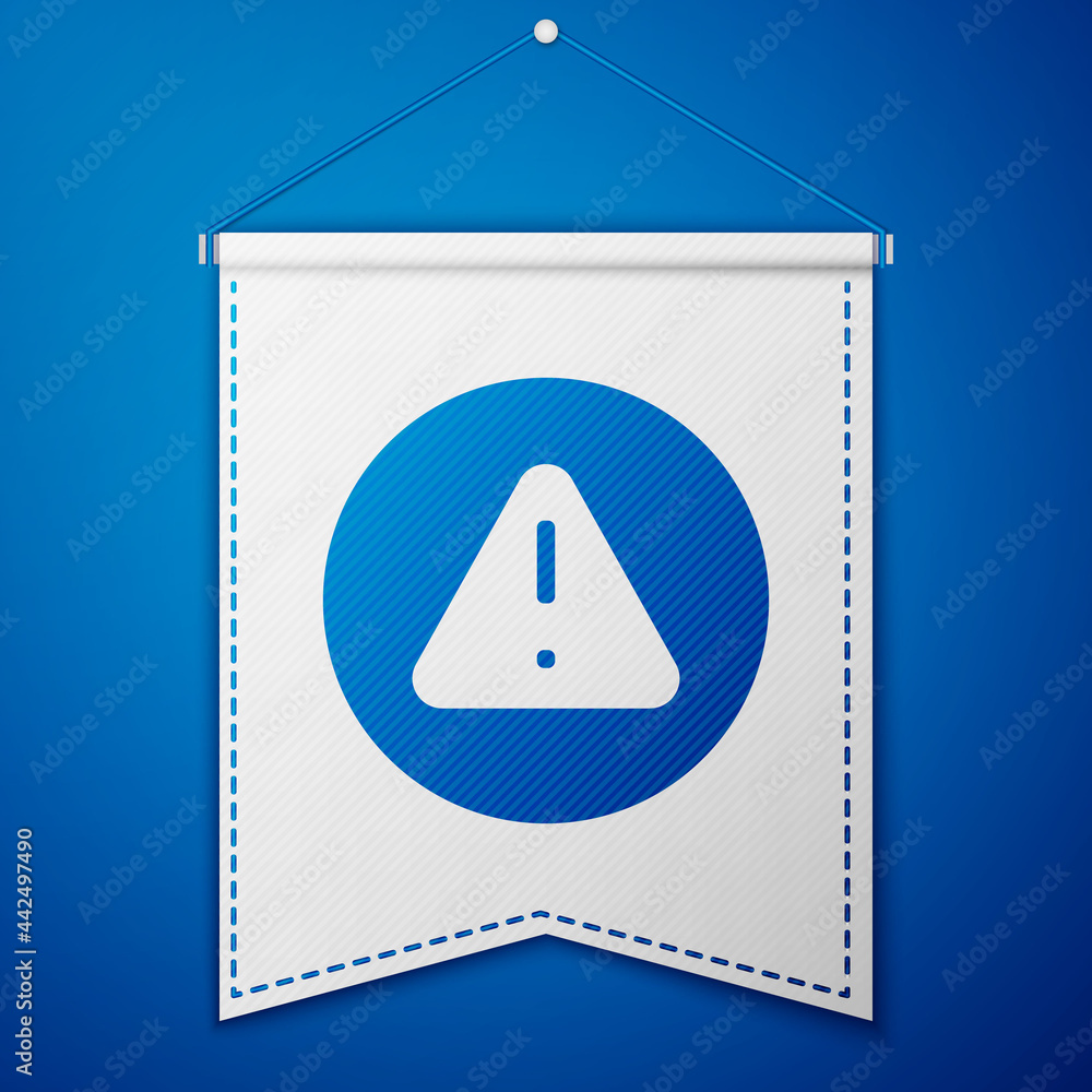 Blue Exclamation mark in triangle icon isolated on blue background ...