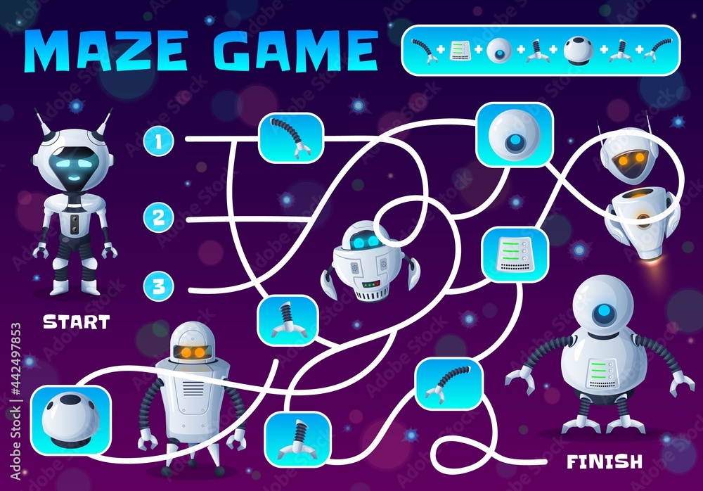 Kids labyrinth maze, cartoon robots and androids. Vector step game with ...