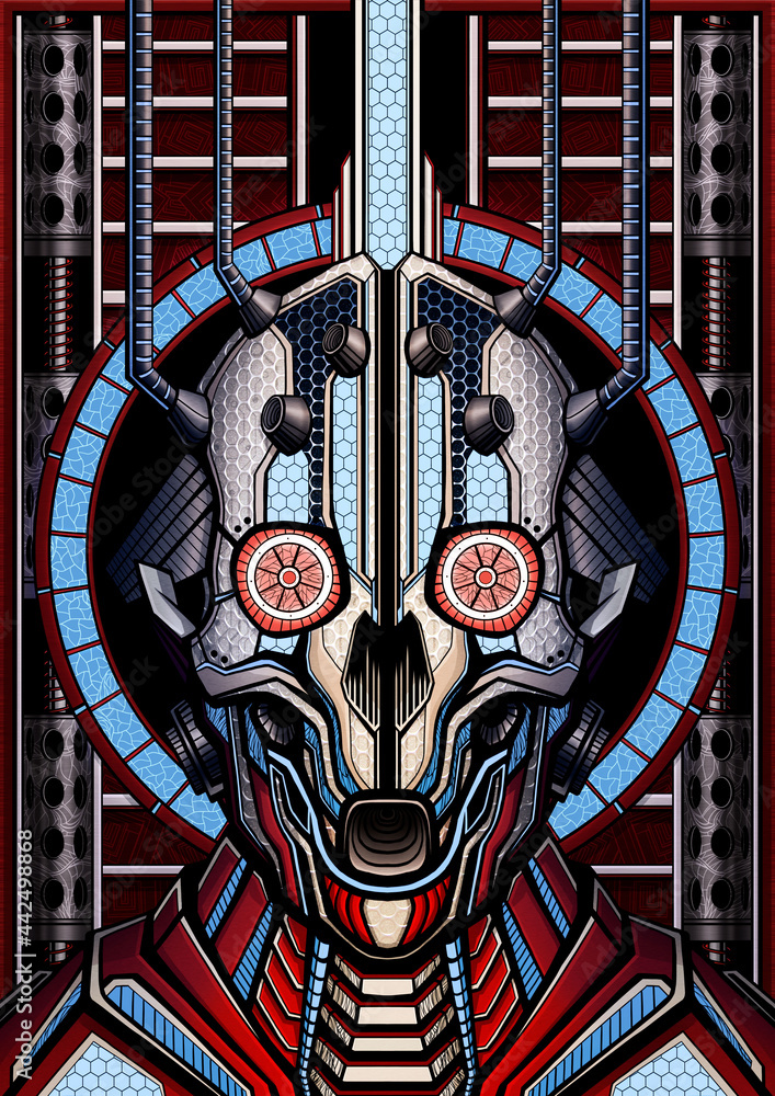 Portrait biomechanical character with cables connected to his head, a ...