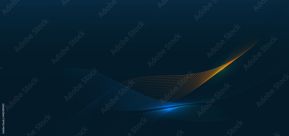 Abstract orange and blue wave dots particles on dark blue background ...