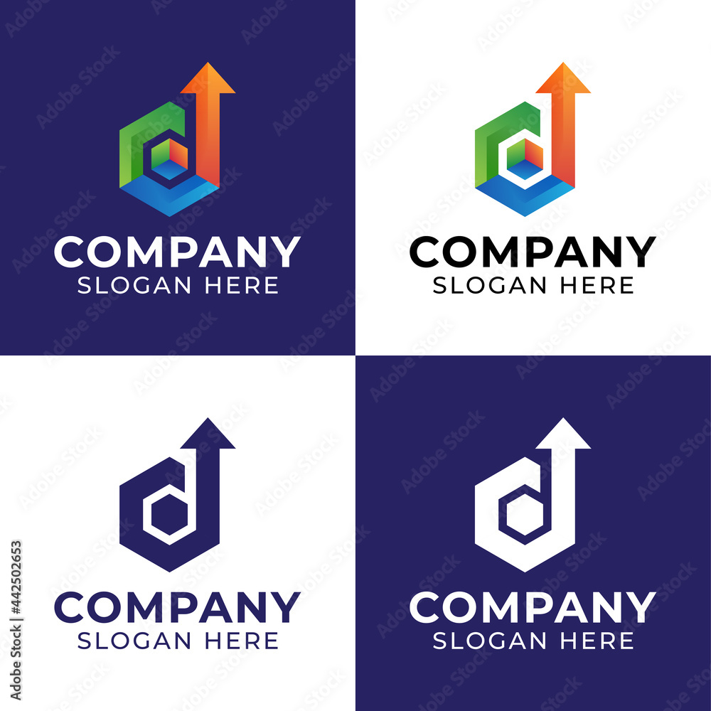 letter d arrow upper logos with cube box hexagonal shapes digital logo ...