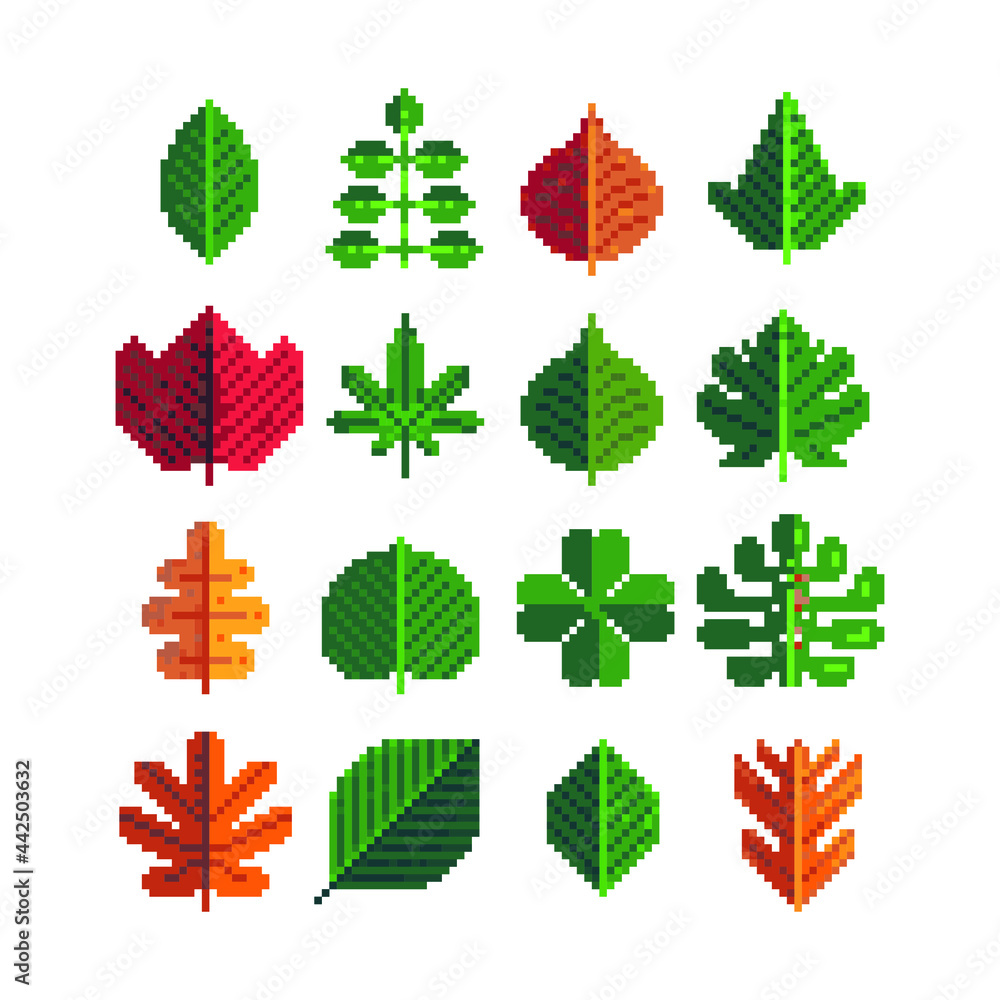 Vetor de Different types leaves of tree pixel art 8-bit style icons set ...