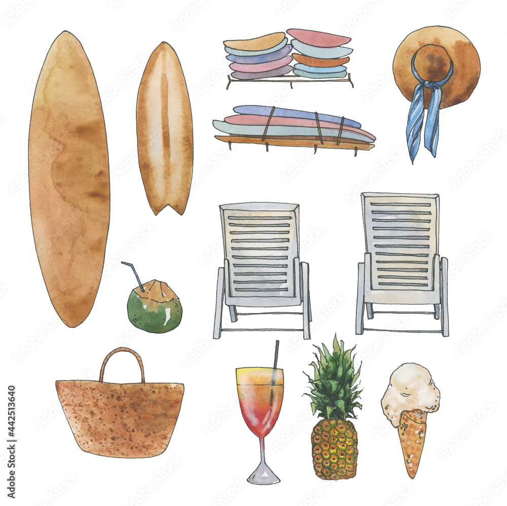 Watercolor beach clipart, summer trip, Summer vibes, Surf travel clip ...