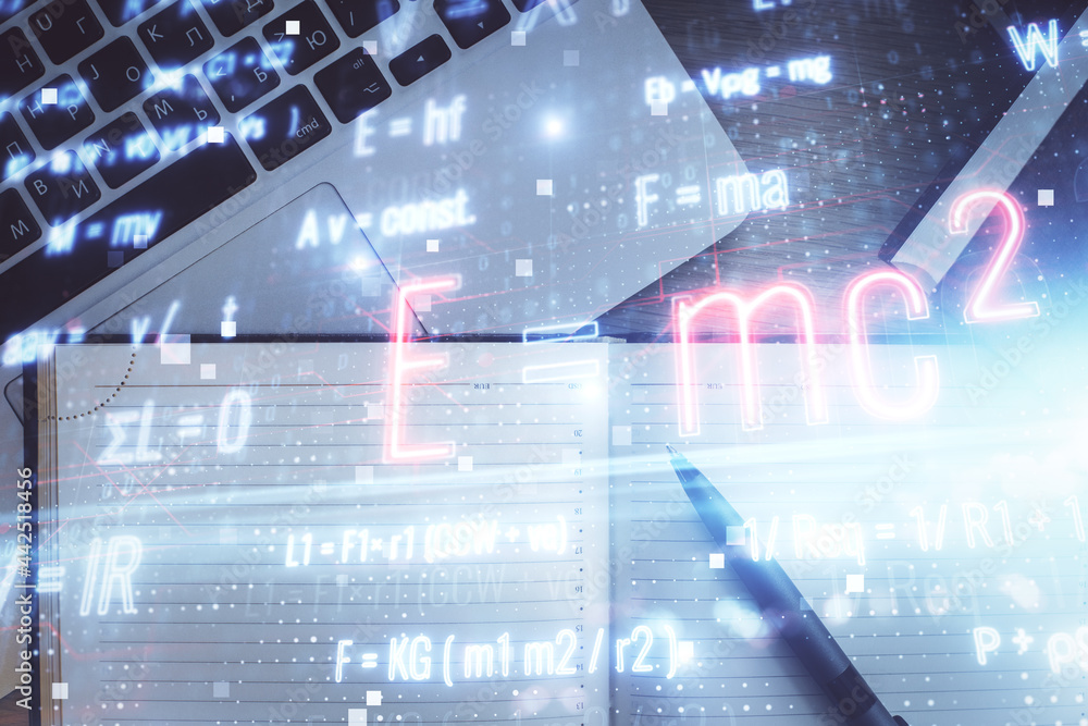 Physics and math theme hologram with formula drawings over computer on ...