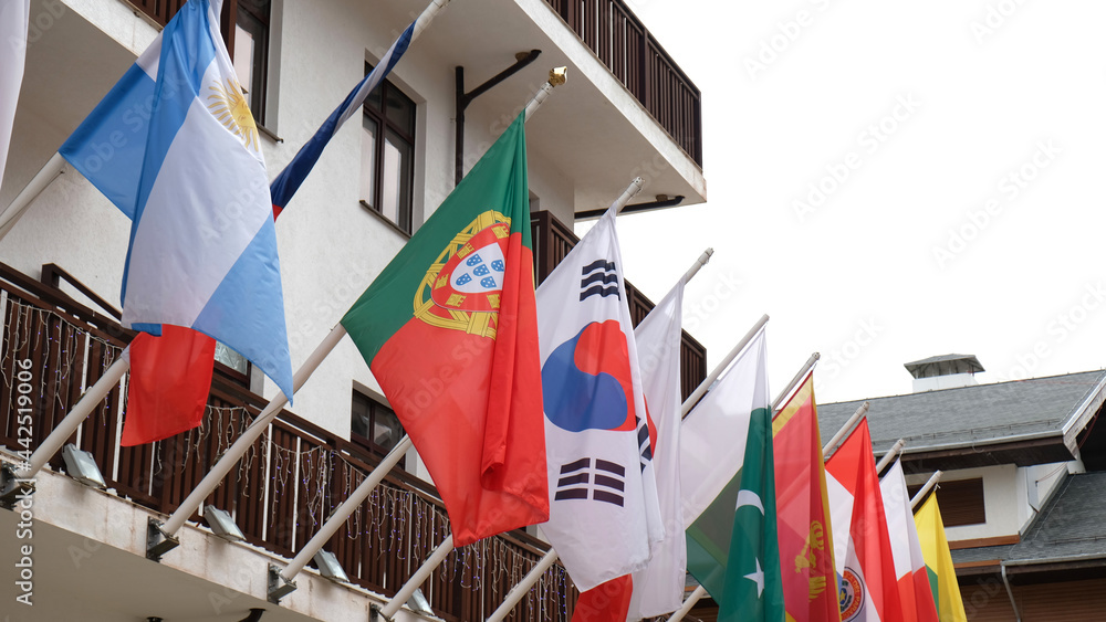 Many national flags of different states hang and blowing on building ...