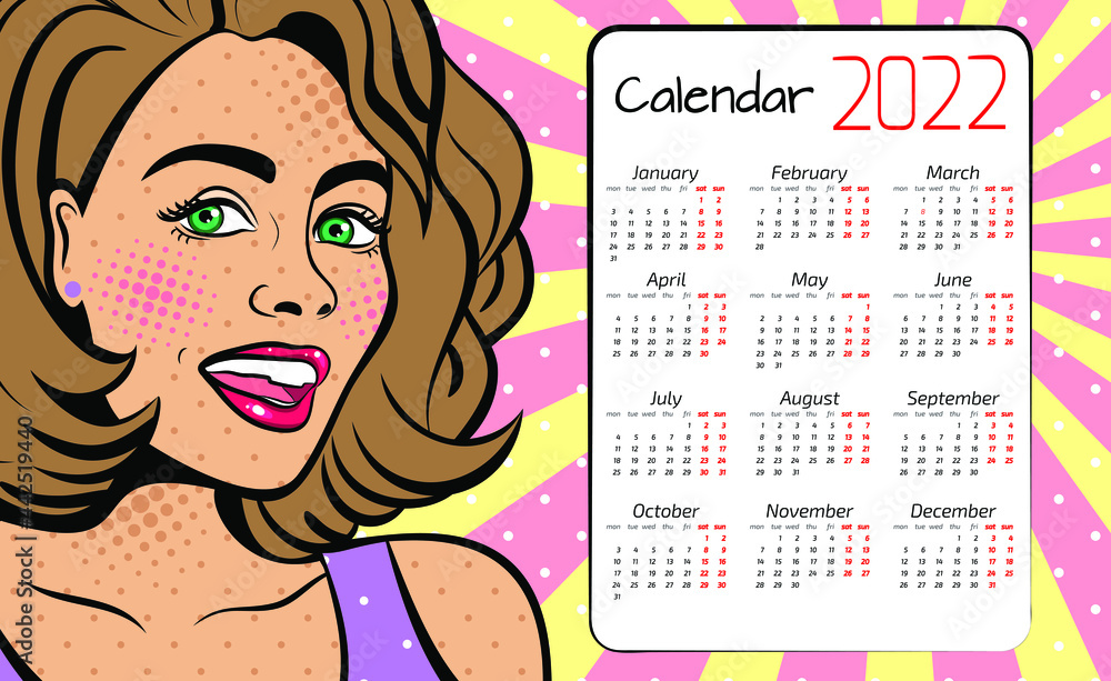 A Calendar For 2022 In The Style Of Pop Art With A Sexy Woman With