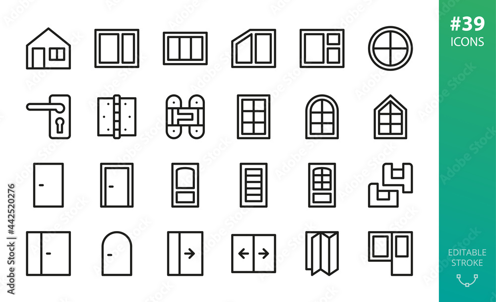 Windows and doors isolated icon set. Set of window frame, double front ...