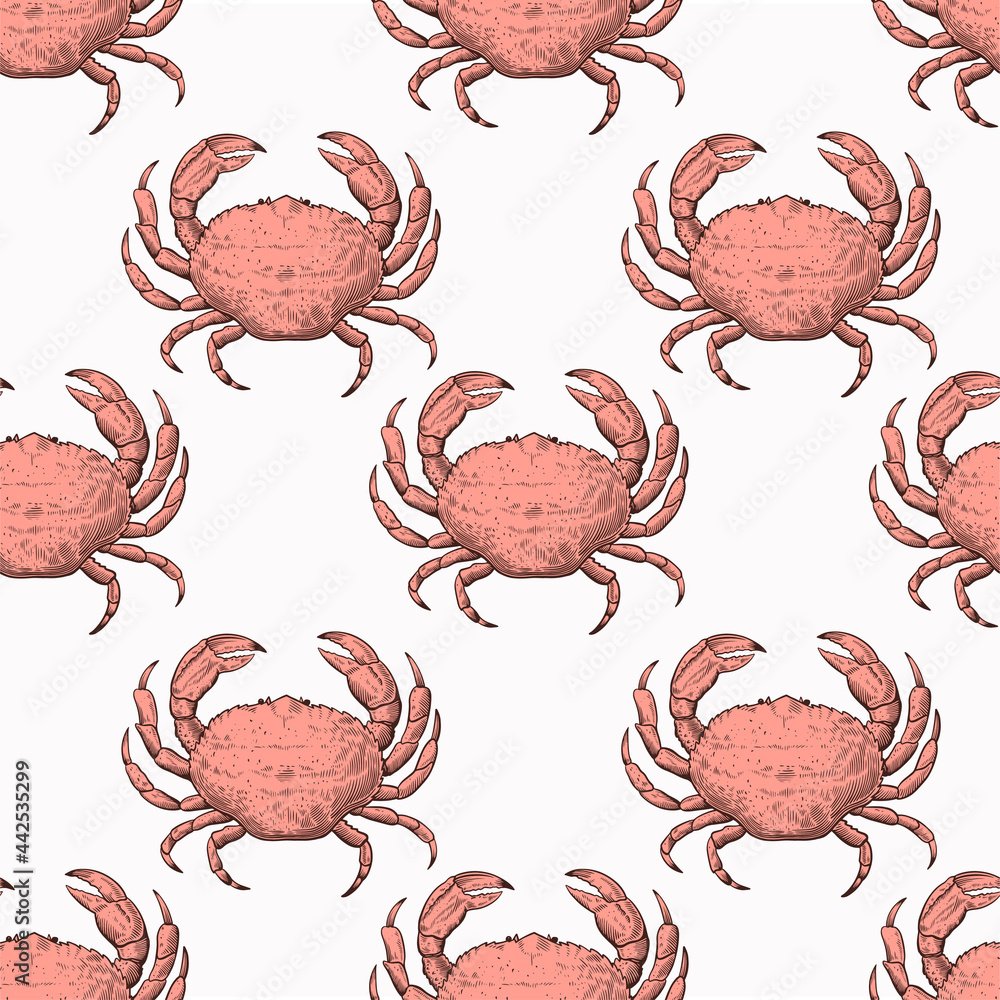 Vintage seamless pattern with hand drawn crabs in sketch engraving ...
